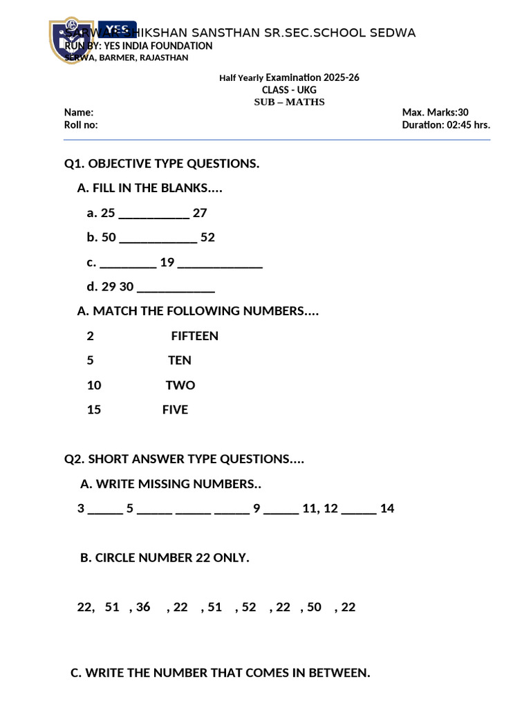 Class UKG Sub Maths 28-11-2025 | PDF