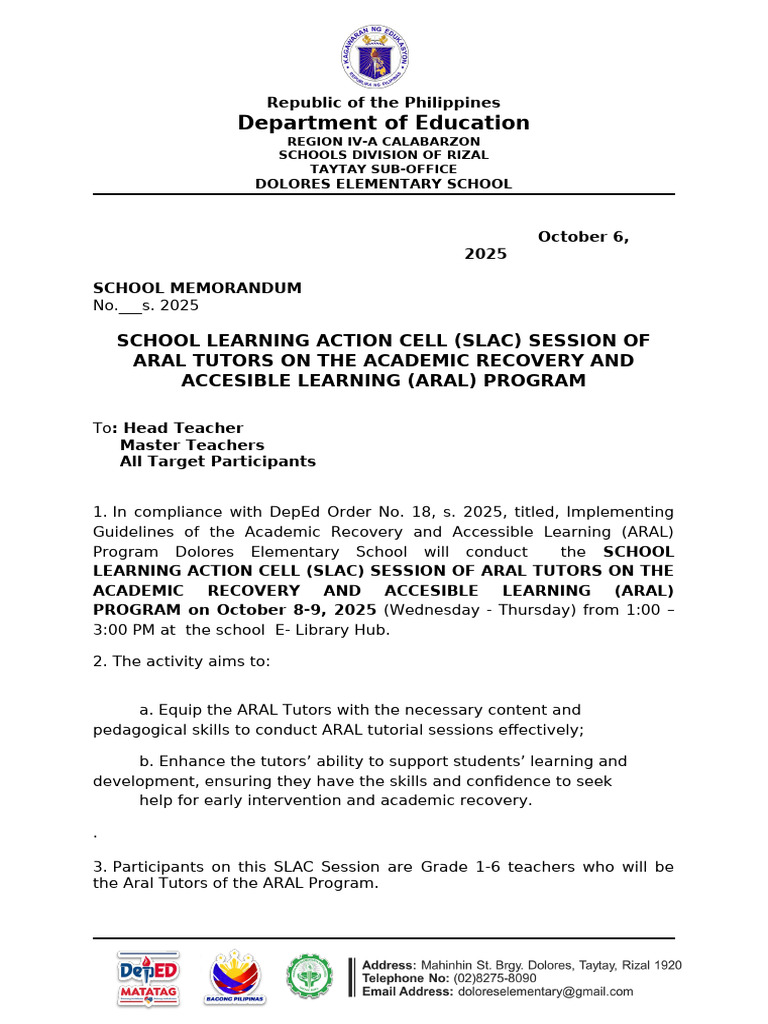 Memo - SLAC ON ARAL PROGRAM | PDF | Learning | Human Communication