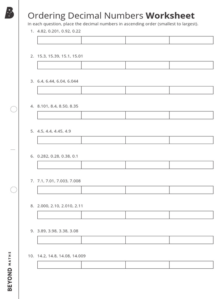 Ordering Decimal Numbers: Worksheet | PDF
