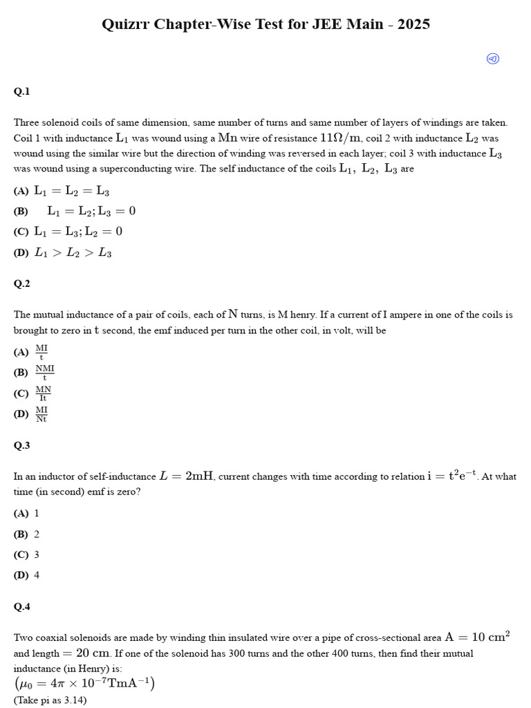 Electromagnetic Induction - Test 5 | PDF | Inductance | Inductor