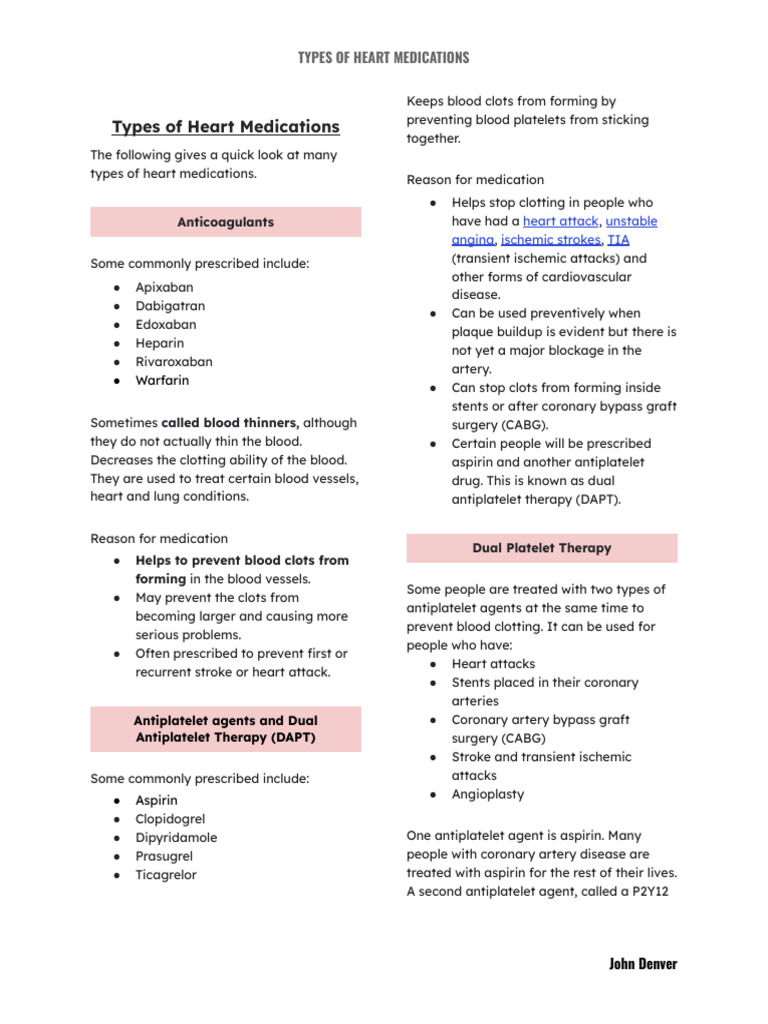 Types of Heart Medications | PDF | Thrombus | Myocardial Infarction