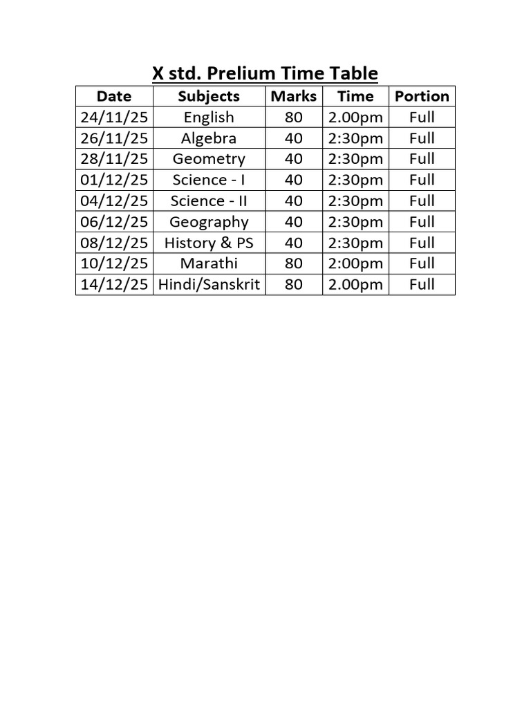 10th Prelium Time Table | PDF