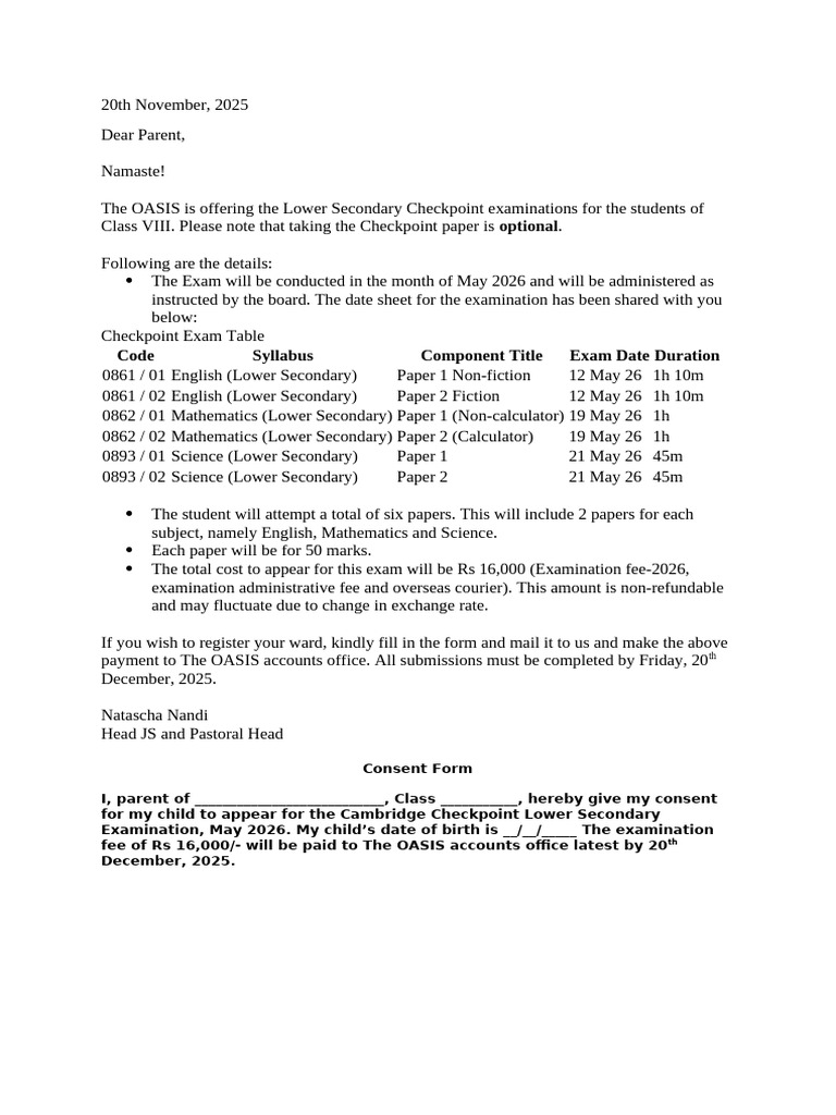 Cambridge Checkpoint Assessment Letter | PDF