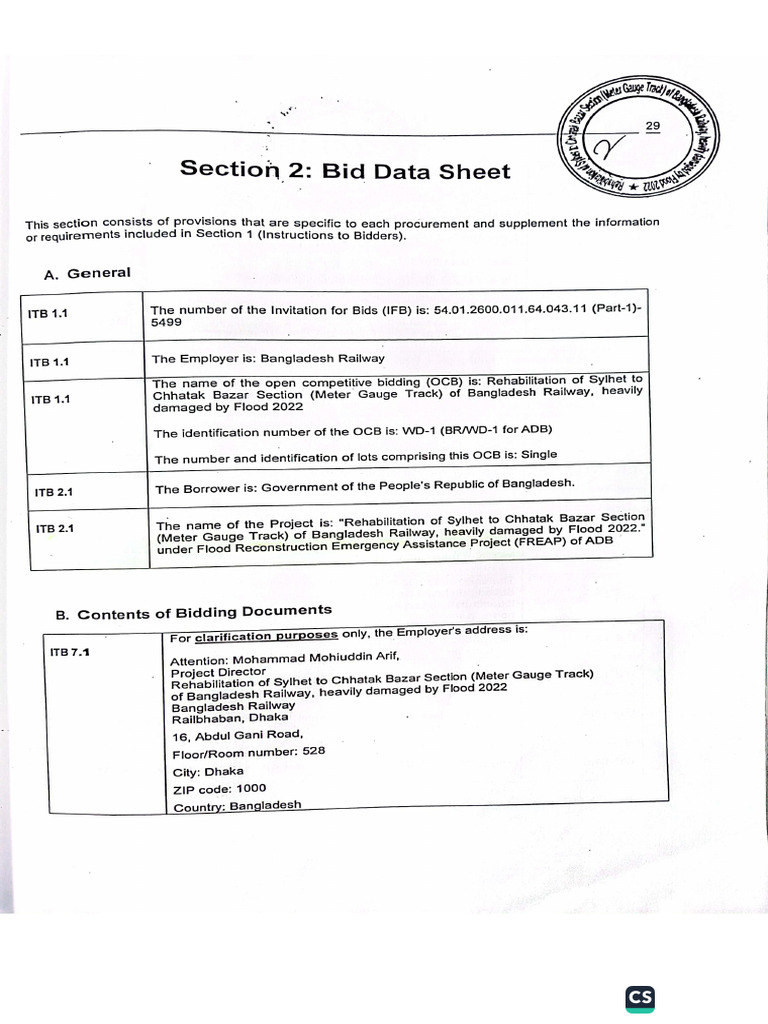 Bid Data Sheet Sylhet Chhatak Tender | PDF