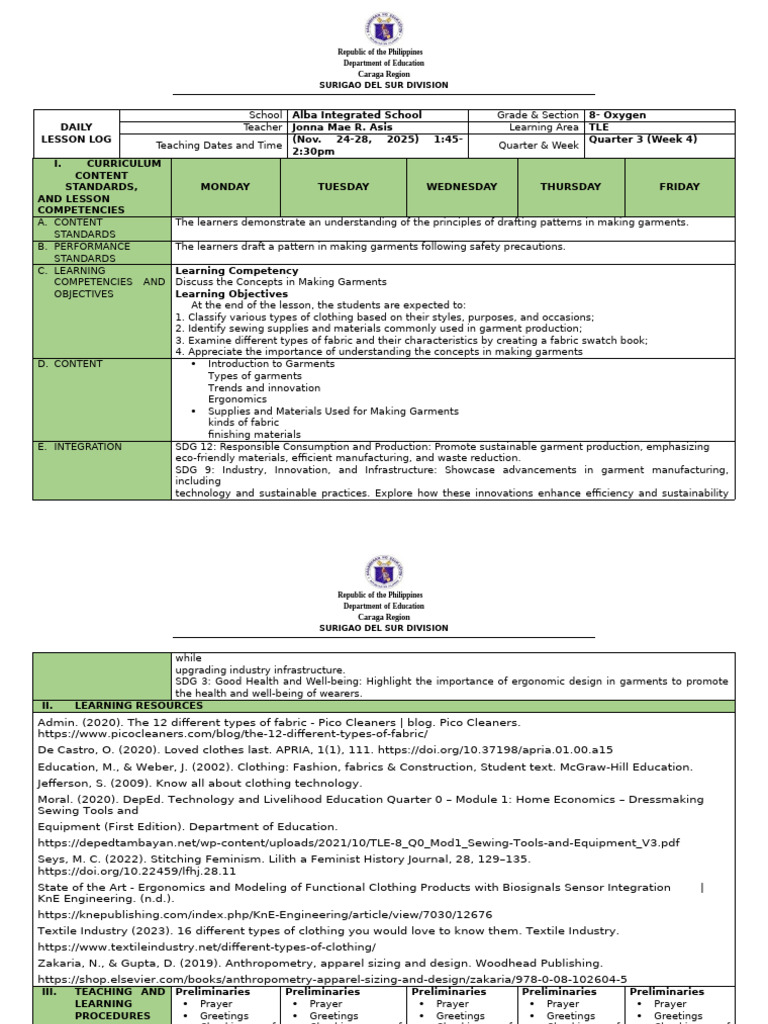 WLP G8 - TLE (Q3 Week4) | PDF | Clothing | Textiles