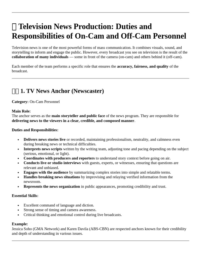 TV News Production Roles Explained | PDF | News | Editing
