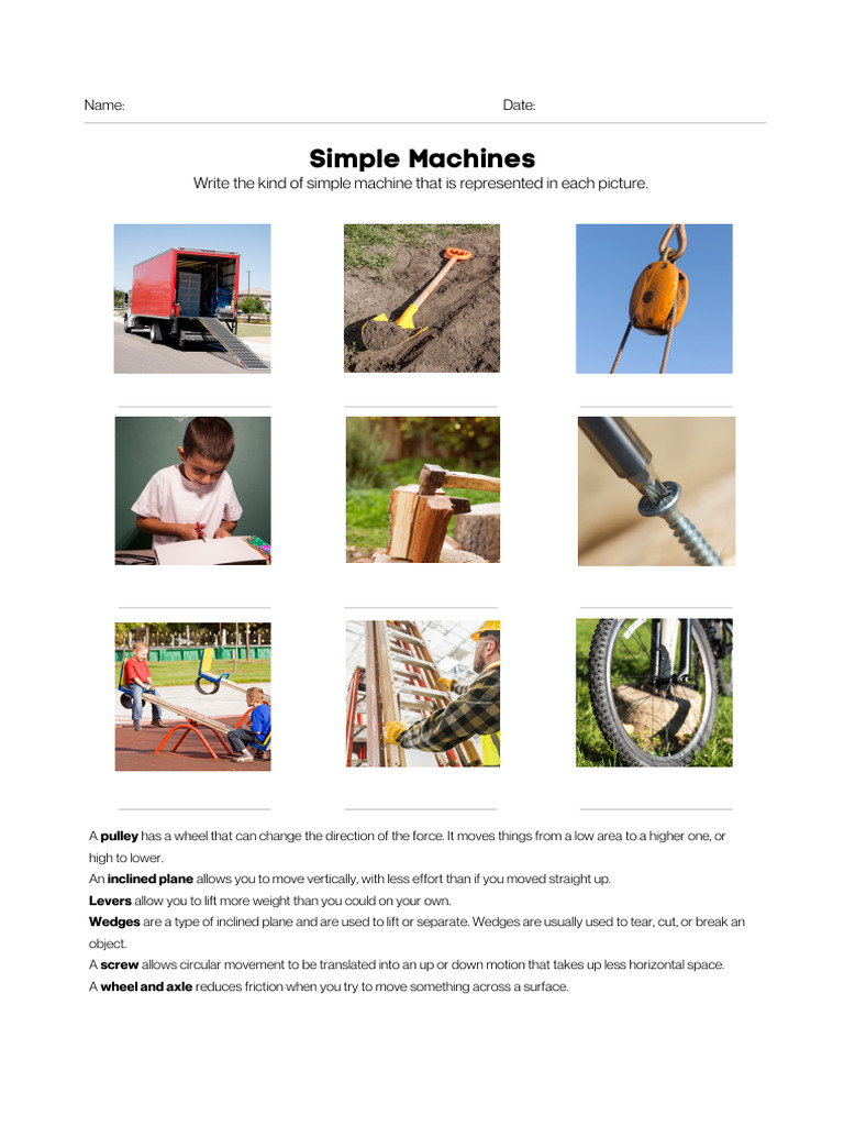Simple Machines Science Worksheet in A Photographic Style | PDF