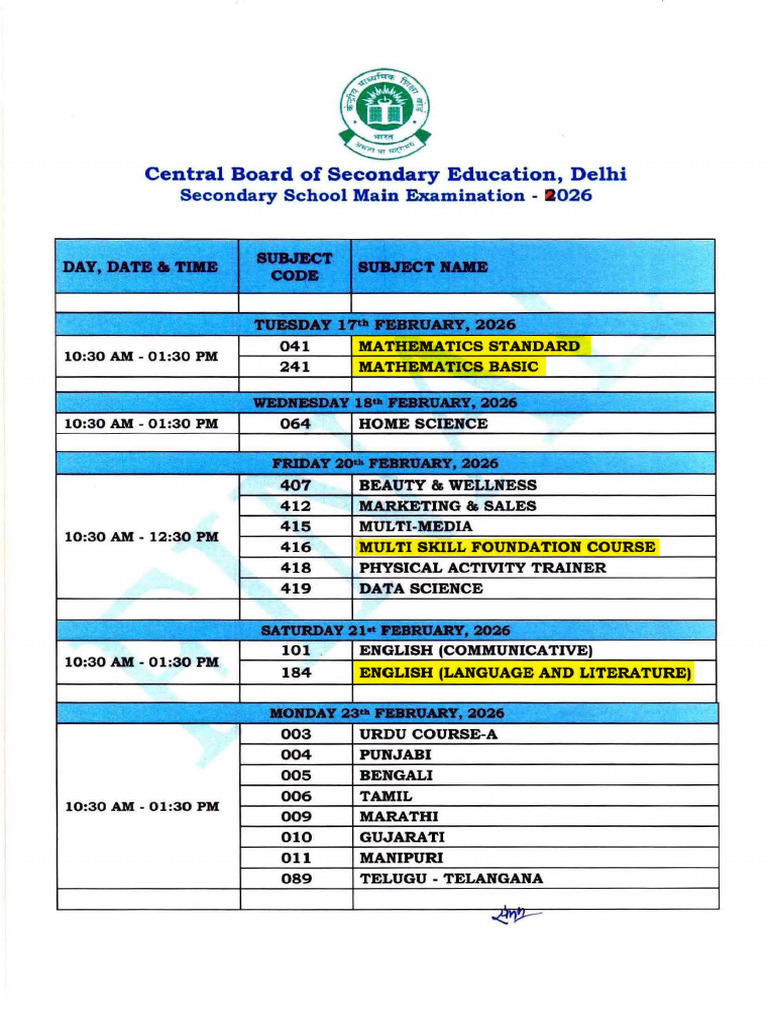 CBSE 2026 Examination Schedule | PDF | Linguistics | Languages Of India