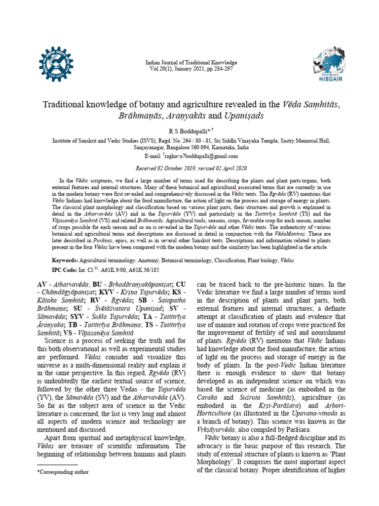 Vedic Insights on Botany and Agriculture | PDF | Tissue (Biology) | Botany