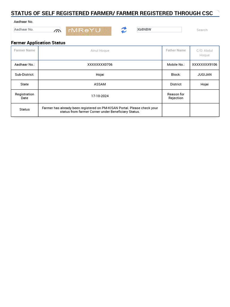 Status of Self Registered Farmer - Farmer Registered Through CSC ...