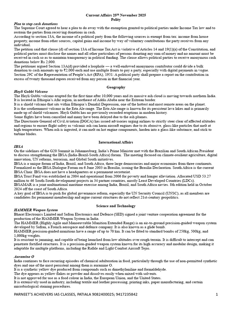 Current Affairs Summary - Nov 25, 2025 | PDF