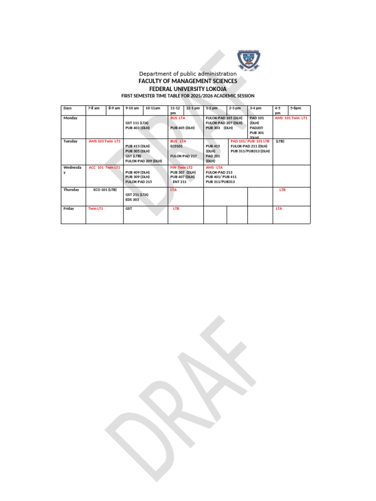 2025 Pub Admin. Lecture Time Table | PDF