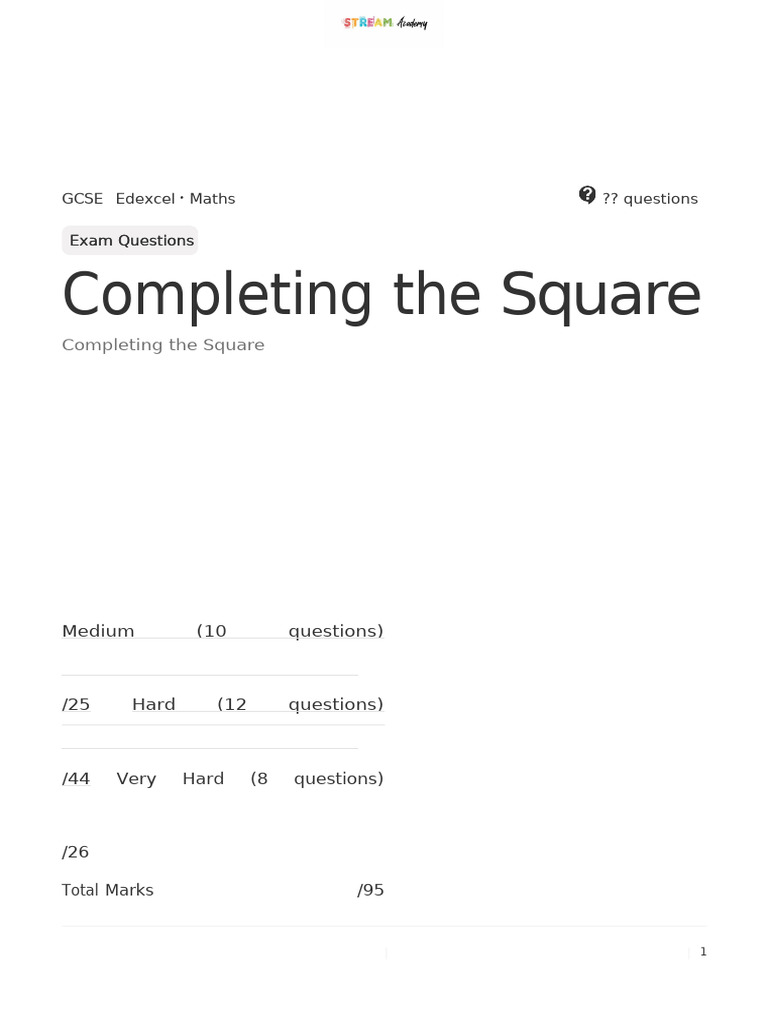 GCSE Maths: Completing the Square Questions | PDF | Equations ...