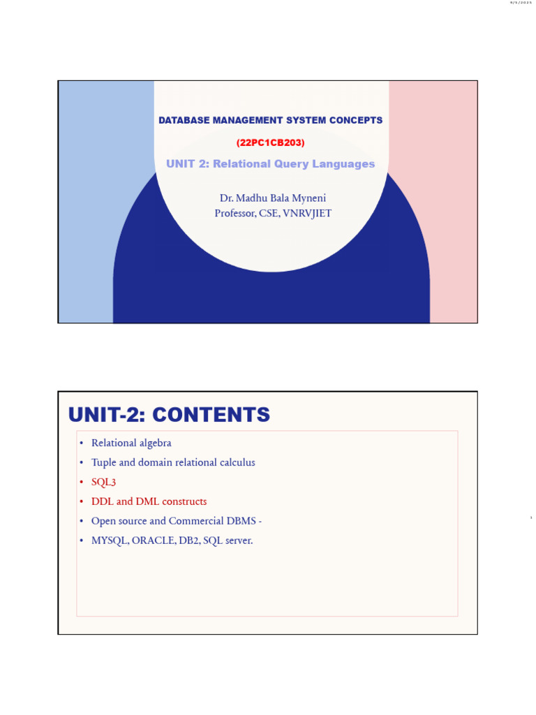 DBMSC Unit 2 Class | PDF | Relational Model | Sql