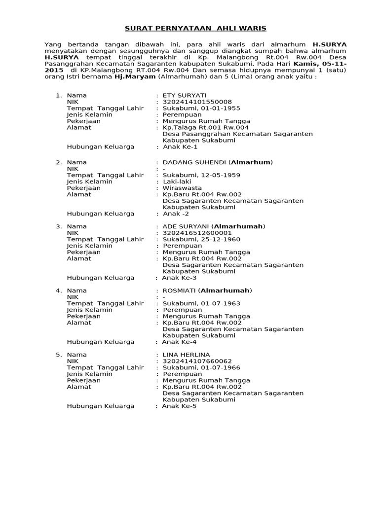 Surat Pernyataan Ahli Waris H. Surya | PDF
