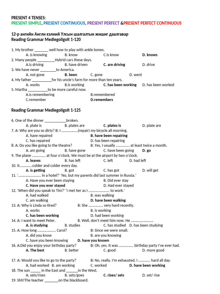 Present Tenses: Grammar Exercises | PDF | Linguistics