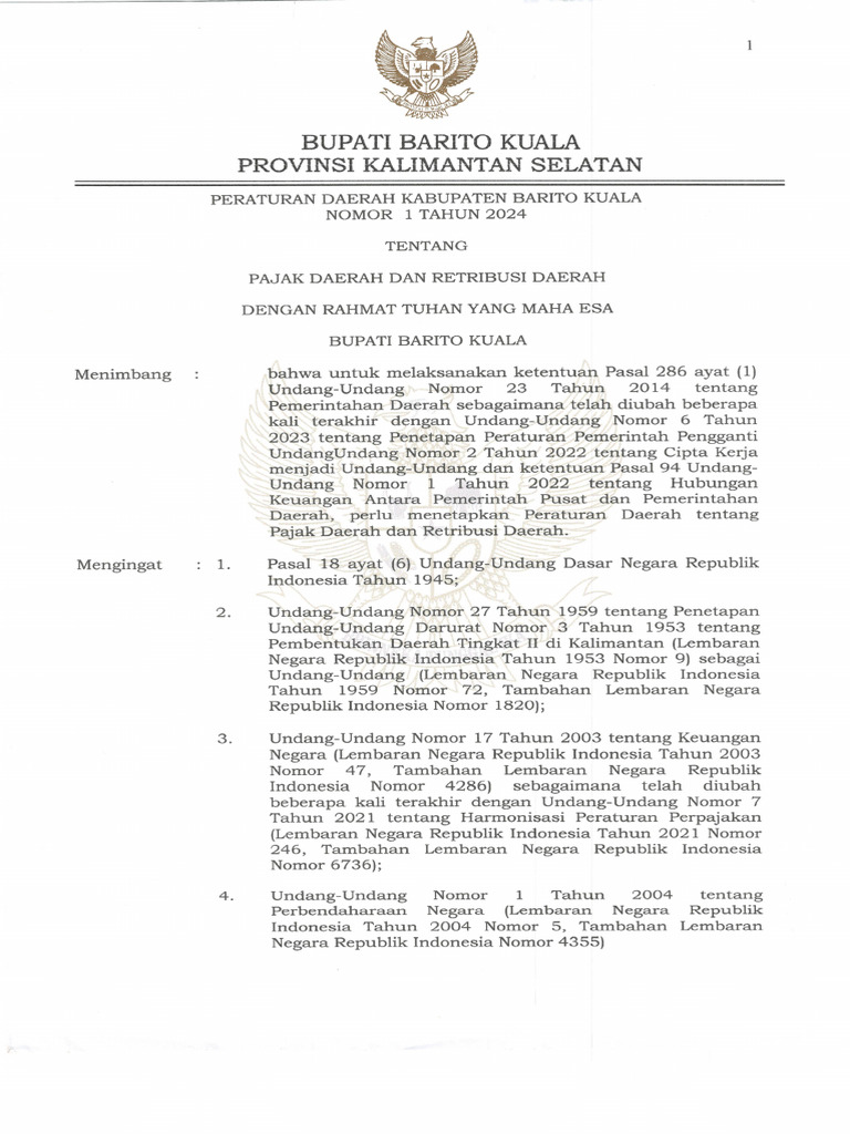 Perda Kab Batola No 1 Tahun 2024 Fix | PDF