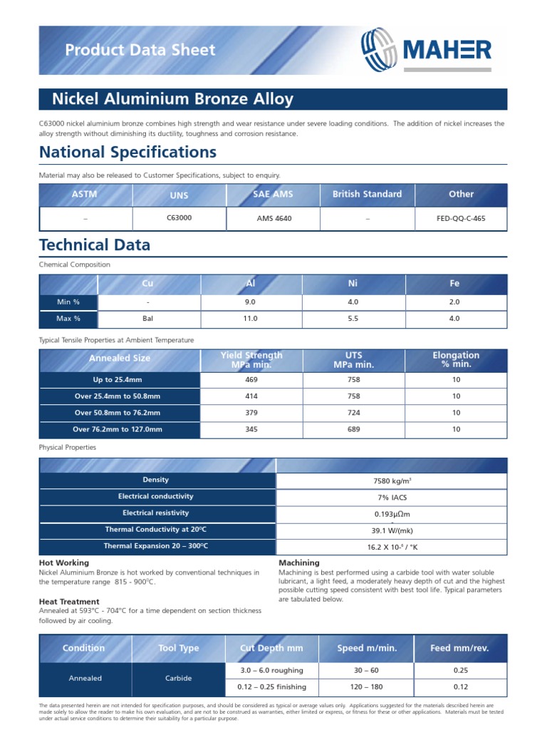 Aluminium Bronze Data Sheet - C630 | PDF | Technology & Engineering
