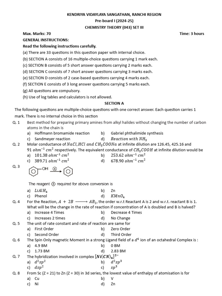 Class XII Question Paper First Preboard Chemistry_251027_230058 | PDF ...