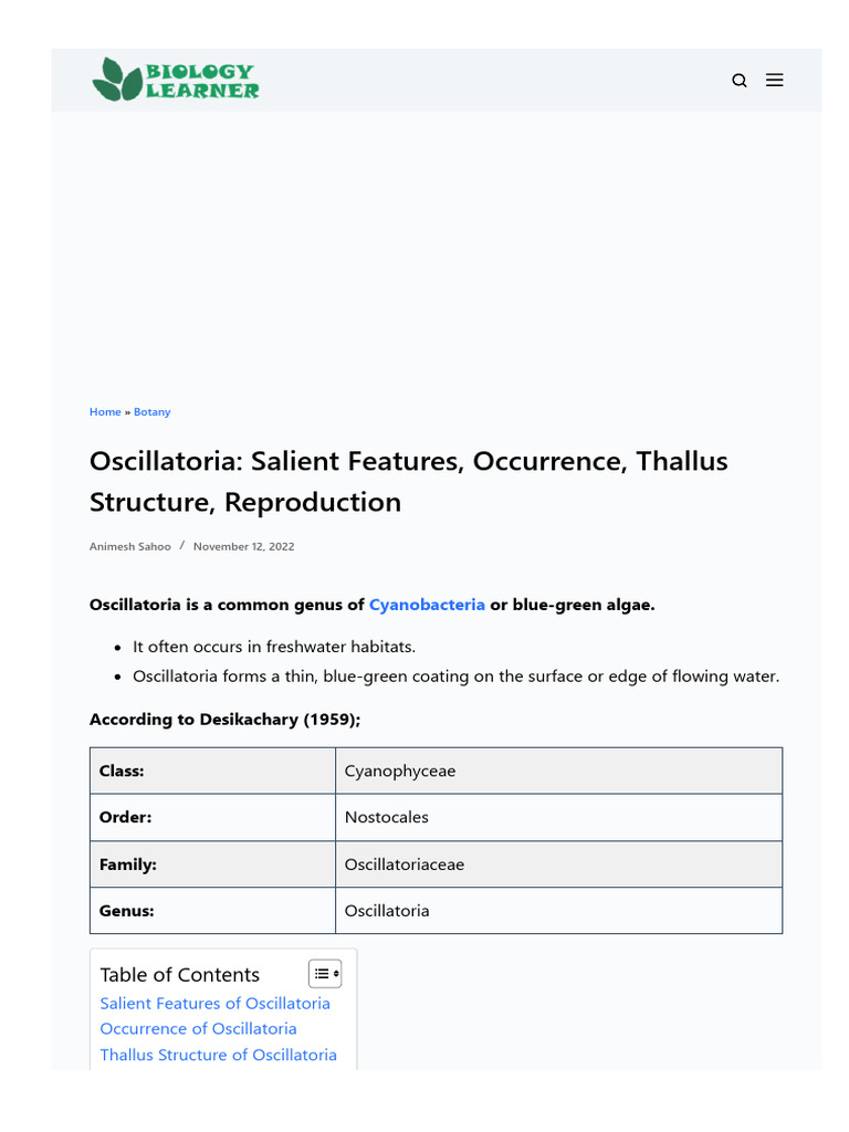 Biologylearner Com Oscillatoria Salient Features Occurrence Thallus ...