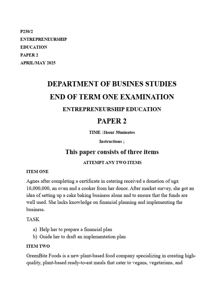 s5 Ent Two End of Term One 2025 (1) | PDF