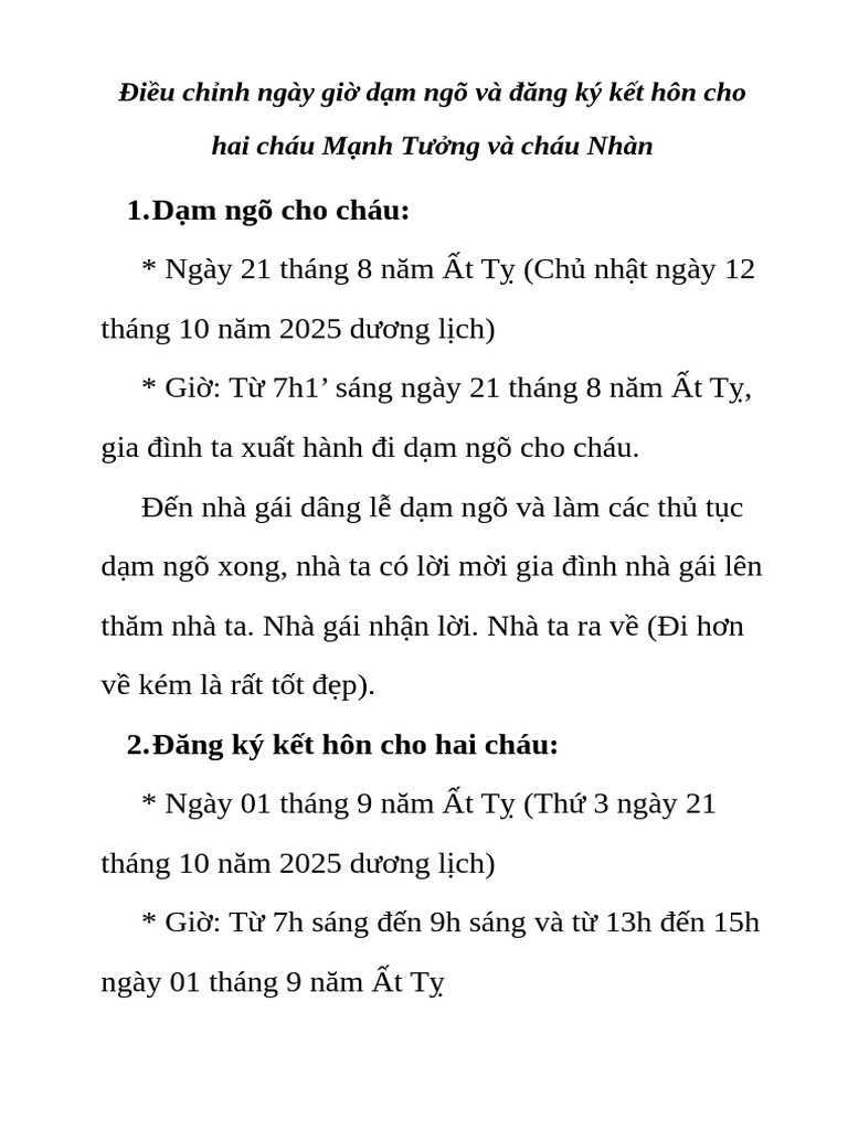 Điều Chỉnh Ngày Giờ Dạm Ngõ Và Đăng Ký Kết Hôn Cho Hai Cháu Mạnh Tưởng ...