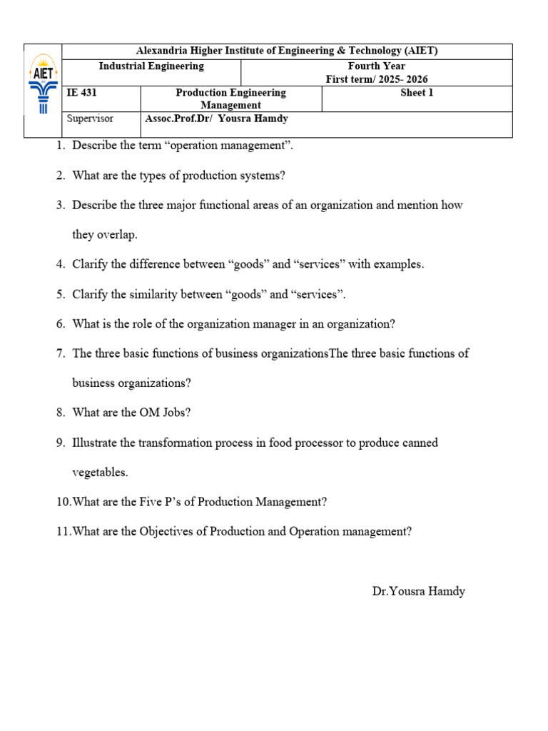 Operation Management Sheet 1-1 | PDF