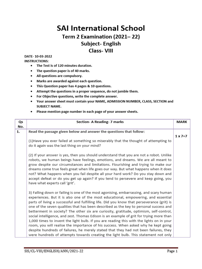 Cl 8 English Ann 100322 | PDF | Grit (Personality Trait) | Psychology