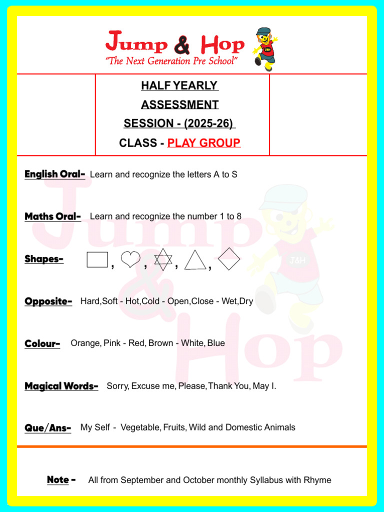 Play Group Half-Yearly Assessment 2025-26 | PDF