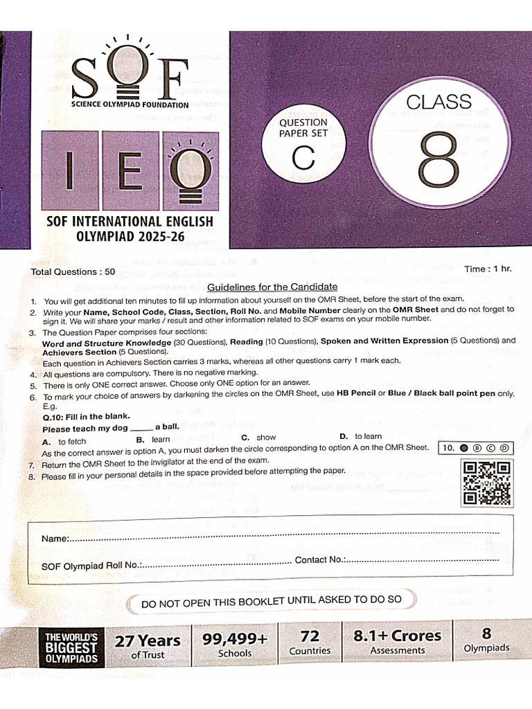 SOF IEO Olympiad Paper Set C (2025-26) Class 8 | PDF