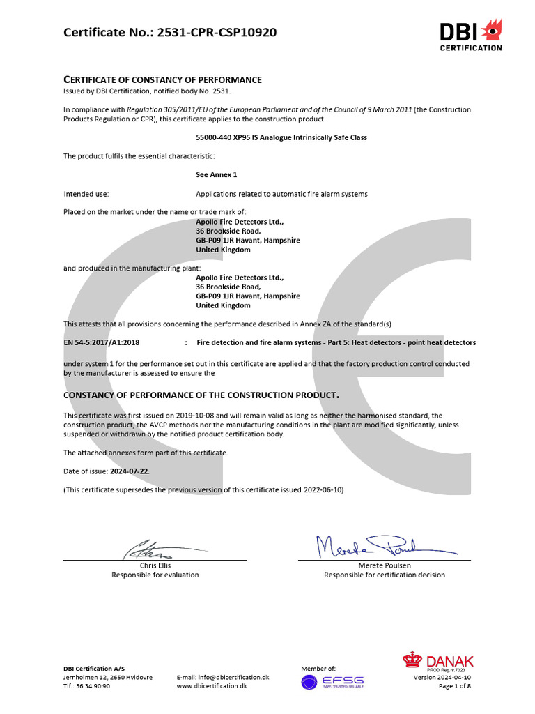 DBI Certification for XP95 IS Heat Detector | PDF | Sensor | Frequency