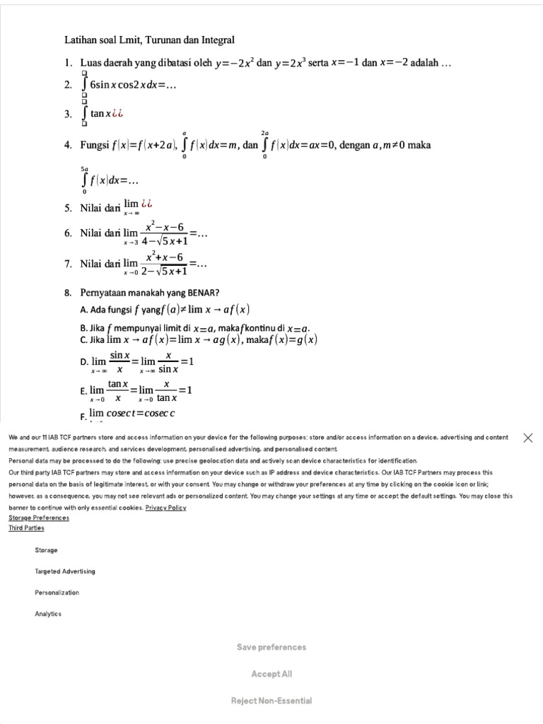 Latihan Soal Limit, Turunan, Integral | PDF