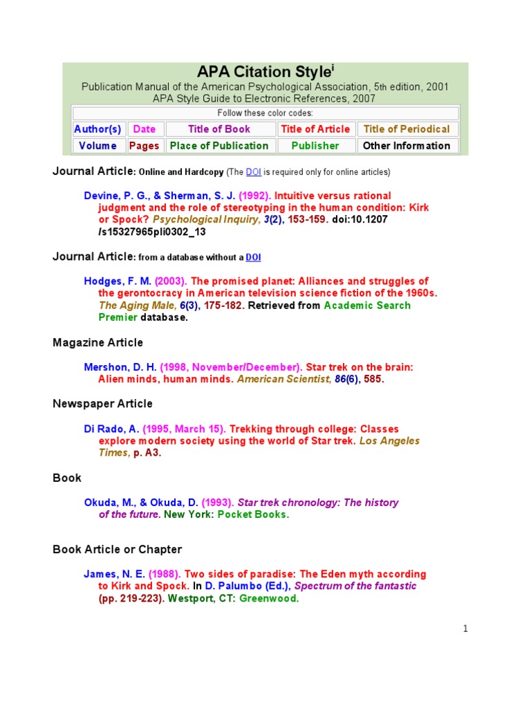 Citations and References APA Style Instructions and Examples | PDF ...
