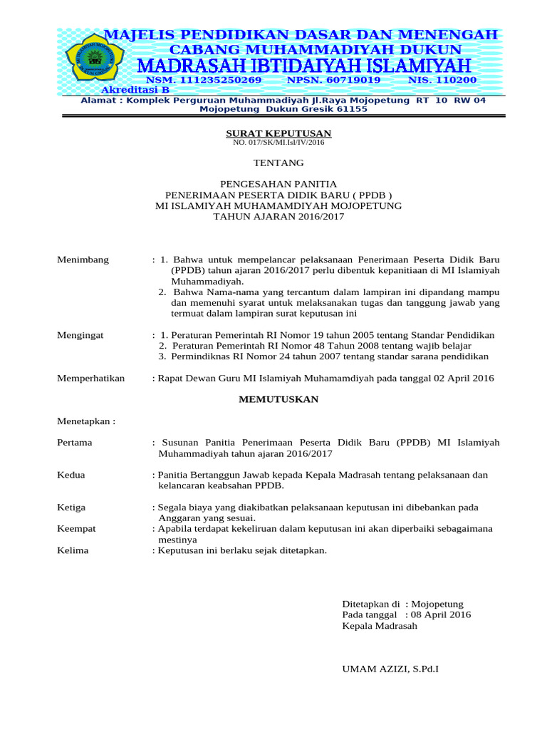 Susunan Panitia PPDB MI Muhammadiyah | PDF