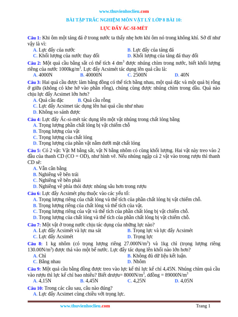 Trac Nghiem Vat Ly 8 Bai 10 | PDF