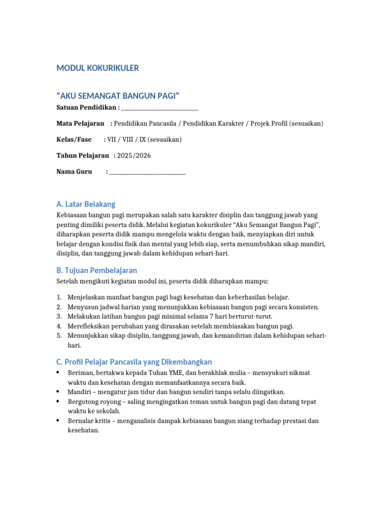 Modul Kokurikuler Aku Semangat Bangun Pagi | PDF