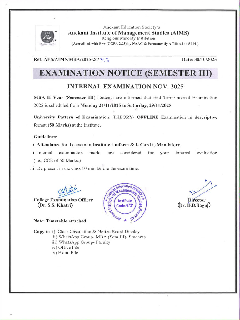 Internal Exam Notice & Timetable - Sem III AY 2025 - 2026 | PDF