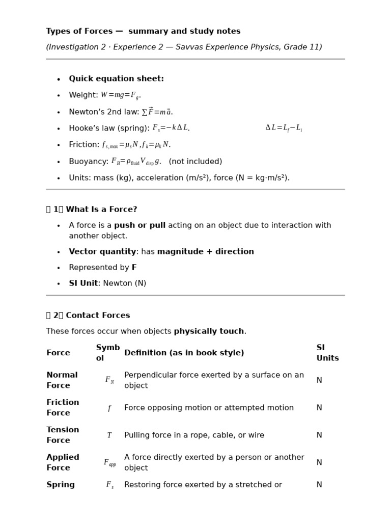 2-2 Types of Forces Summery | PDF | Force | Friction