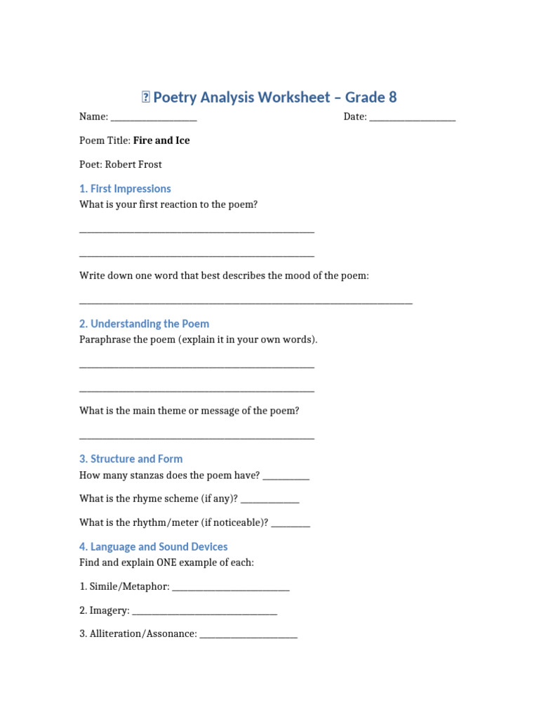 Poetry Analysis Worksheet Grade8 | PDF