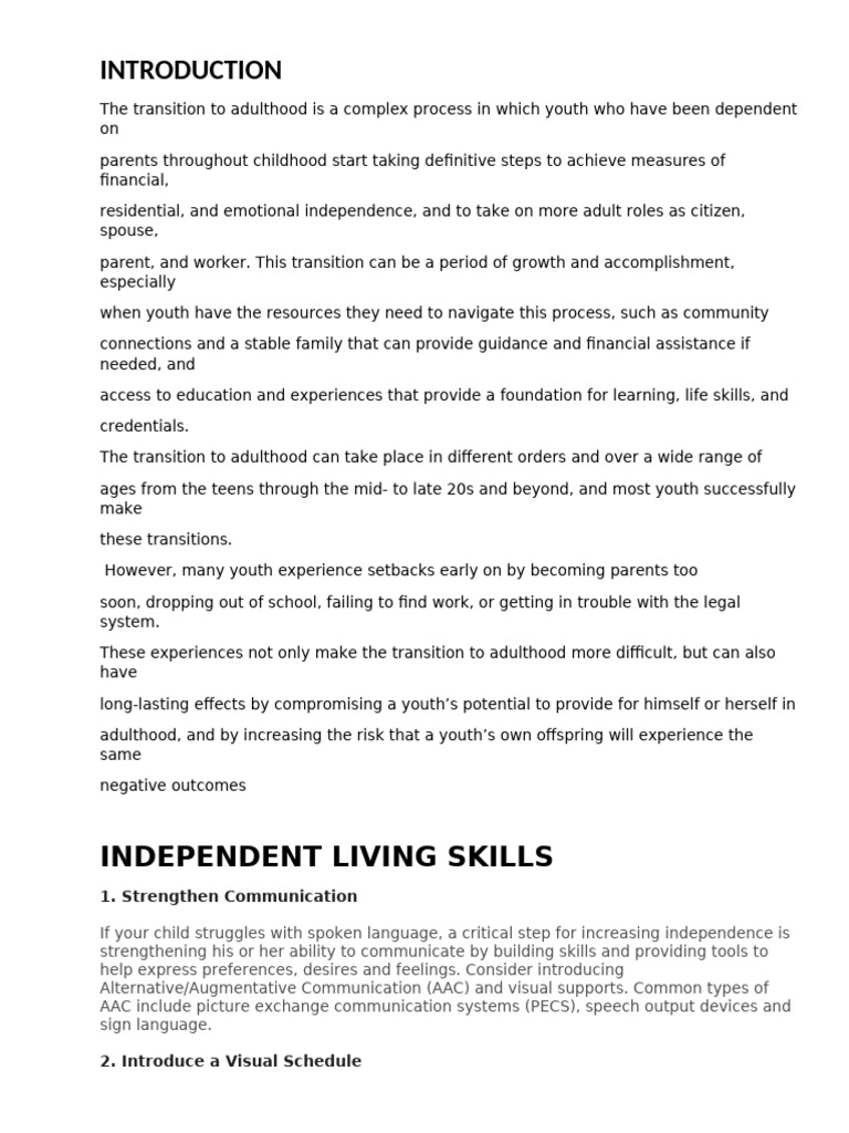 Transition Into Adulthood Independent Living and Life Skills | PDF ...