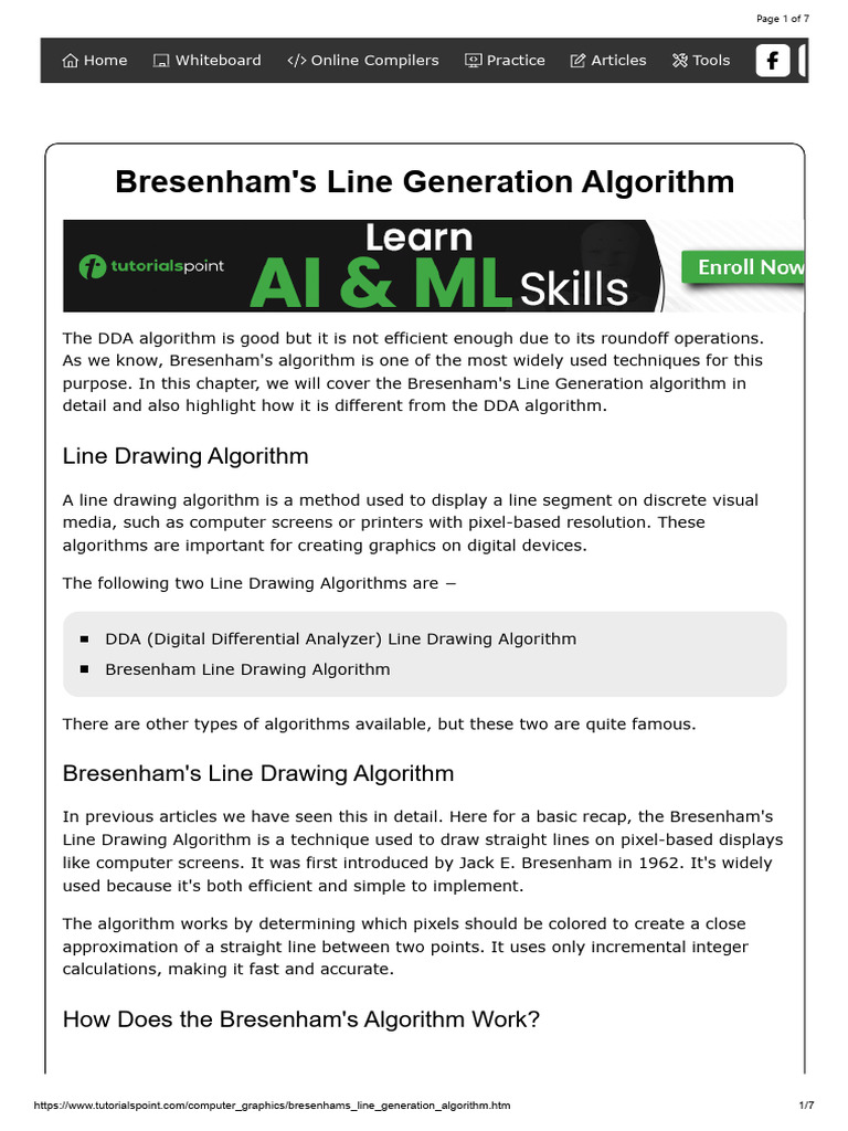 Bresenham's Line Generation Algorithm | PDF | Algorithms | Computer Science