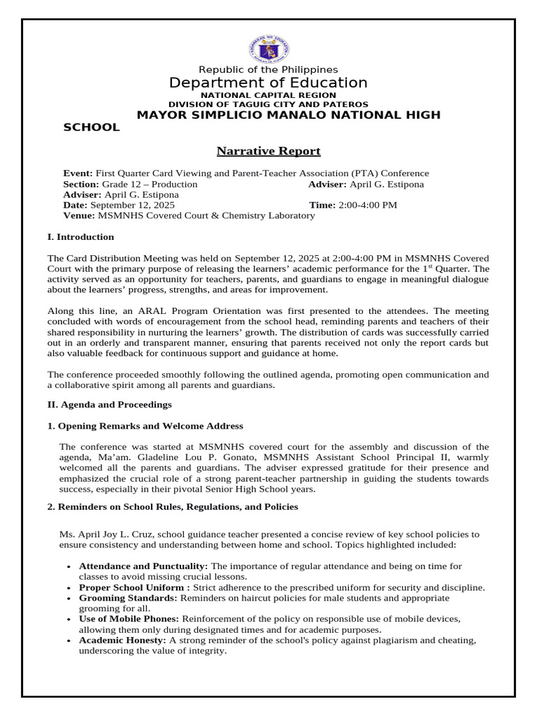 2 Narrative Report First Quarter Card Day | PDF | Learning | Behavior ...