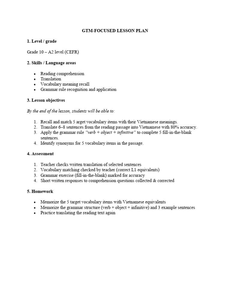 Gtm-Focused Lesson Plan | PDF | Reading Comprehension | Vocabulary