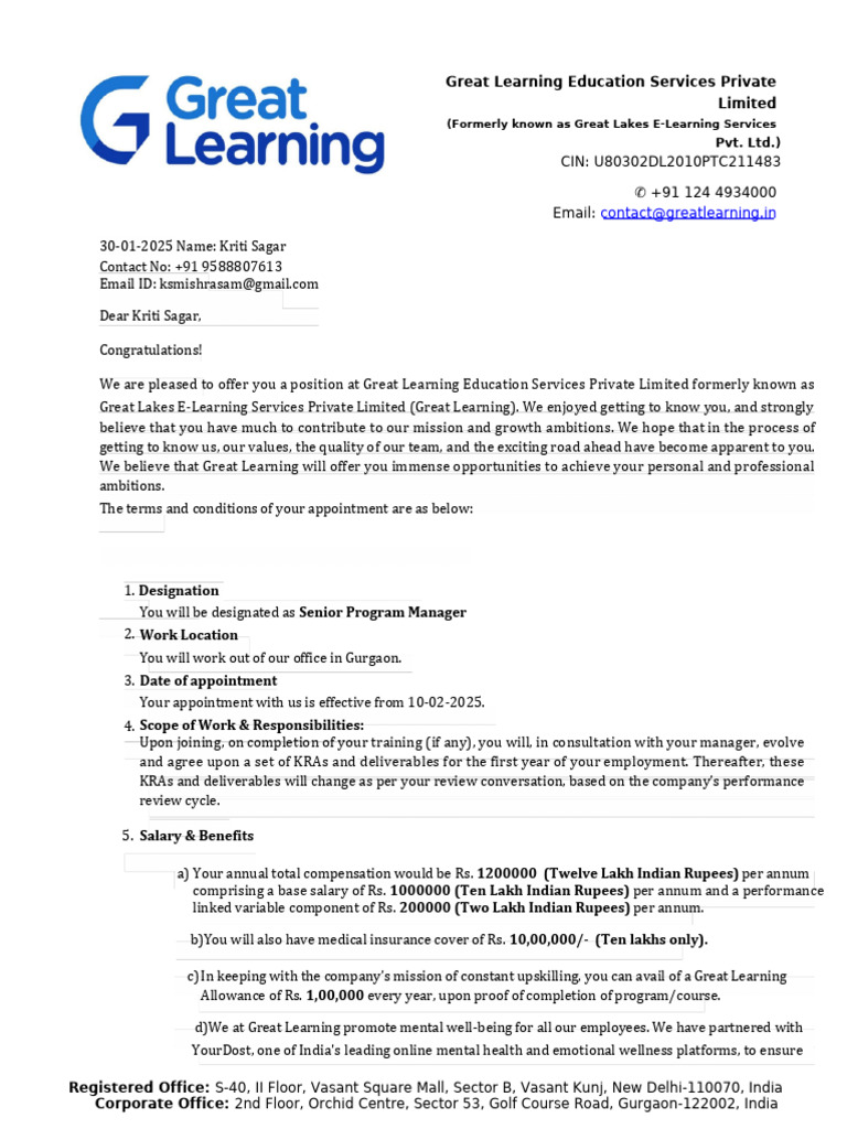 Great Learning Job Offer Letter | PDF | Confidentiality | Business