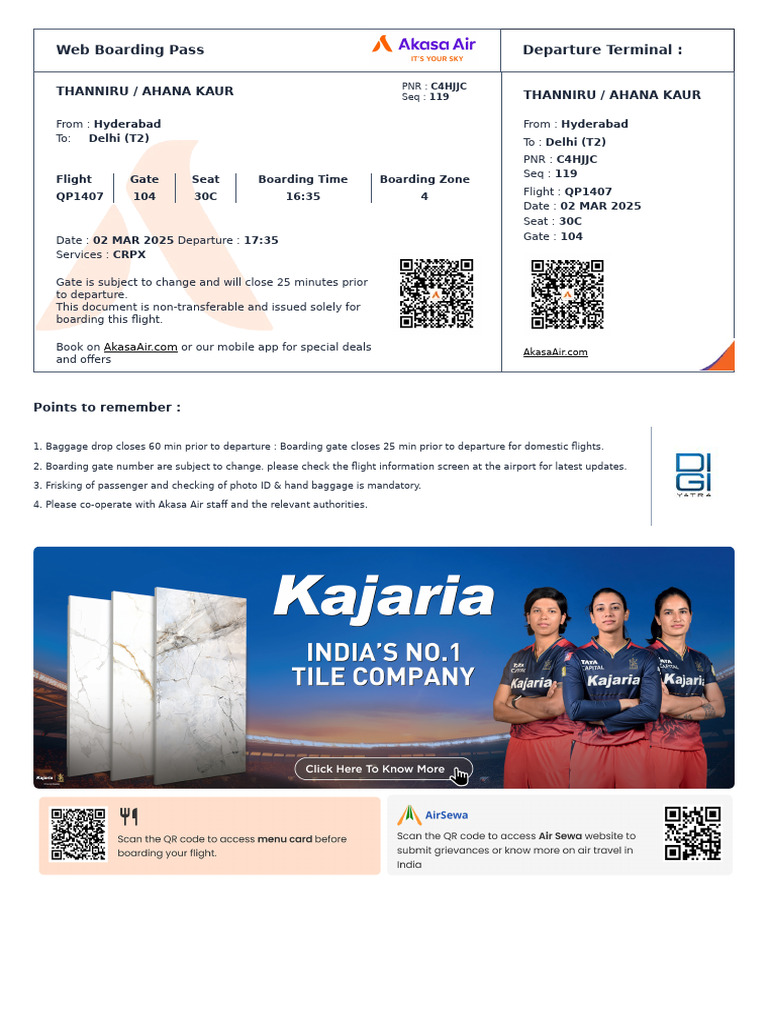 Akasa Air E-Boarding Pass - C4HJJC - AHANA KAUR | PDF