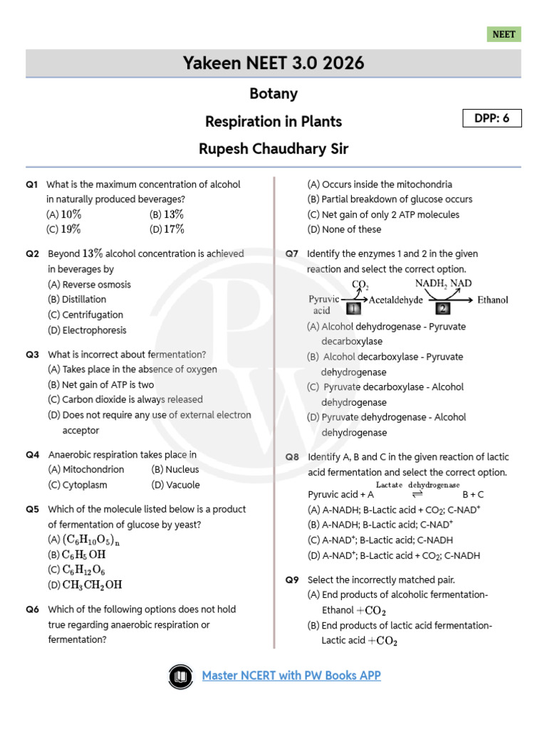 Respiration in Plants DPP - 06 Botany by Rupesh Chaudhary | PDF | Cellular Respiration | Pyruvic ...
