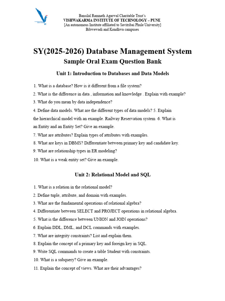 DBMS - 2025-26 - Oral Exam Question Bank | PDF | Databases | Relational Model