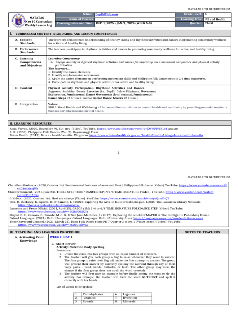 K-10 PE & Health Lesson Plan: Dance | PDF | Dances | Physical Fitness