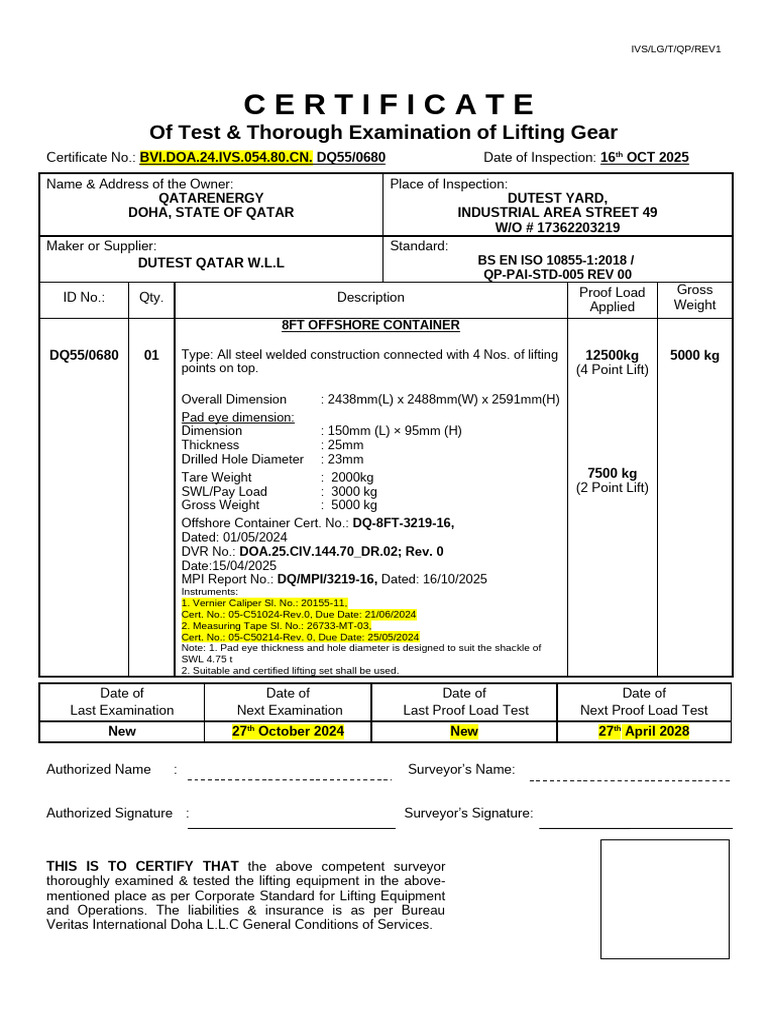 8ft Container Certificate Format | PDF