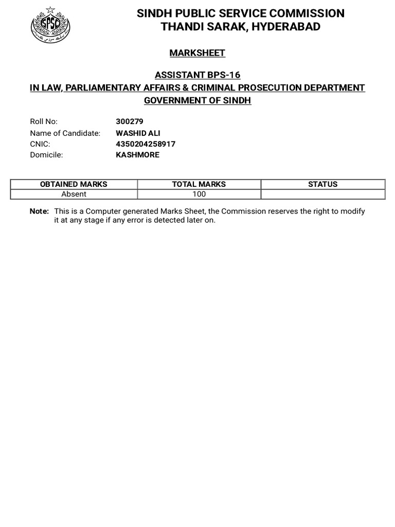 Sindh PSC Assistant Marks Sheet | PDF